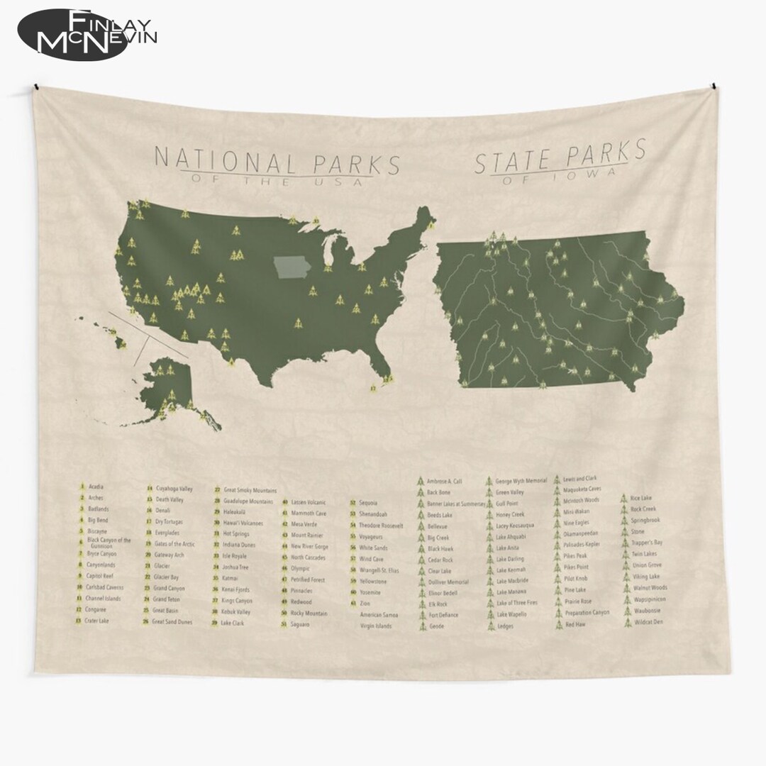 Iowa State & US National Parks Map Tapestry - Wall Art Decor - Etsy