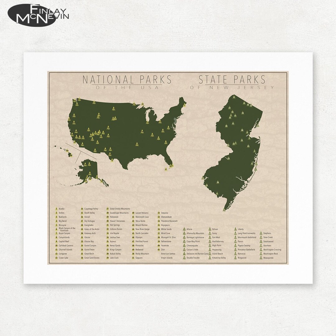 New Jersey State Parks & U.S. National Parks Map, Giclée Print, Vintage ...
