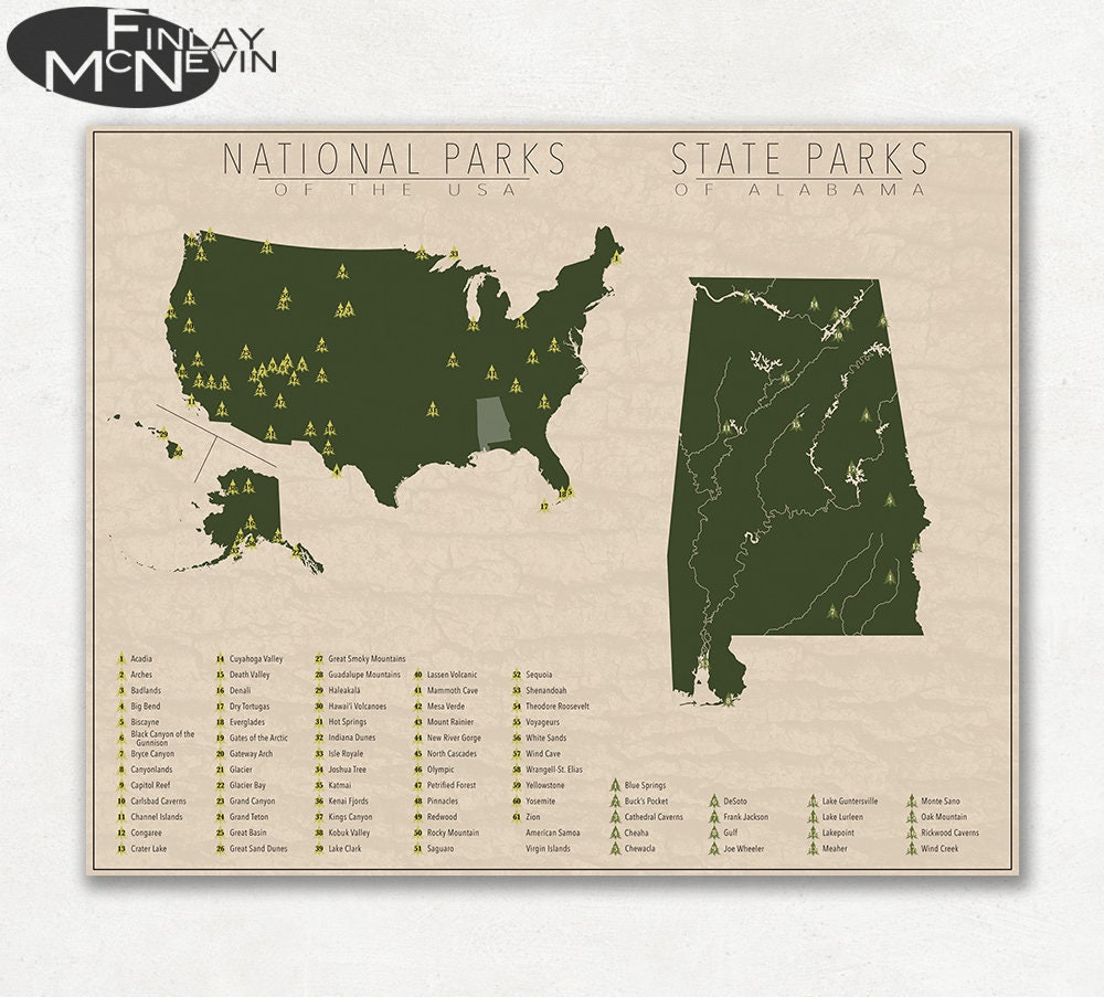 NATIONAL and STATE PARK Map of Alabama and the United States - Etsy Canada