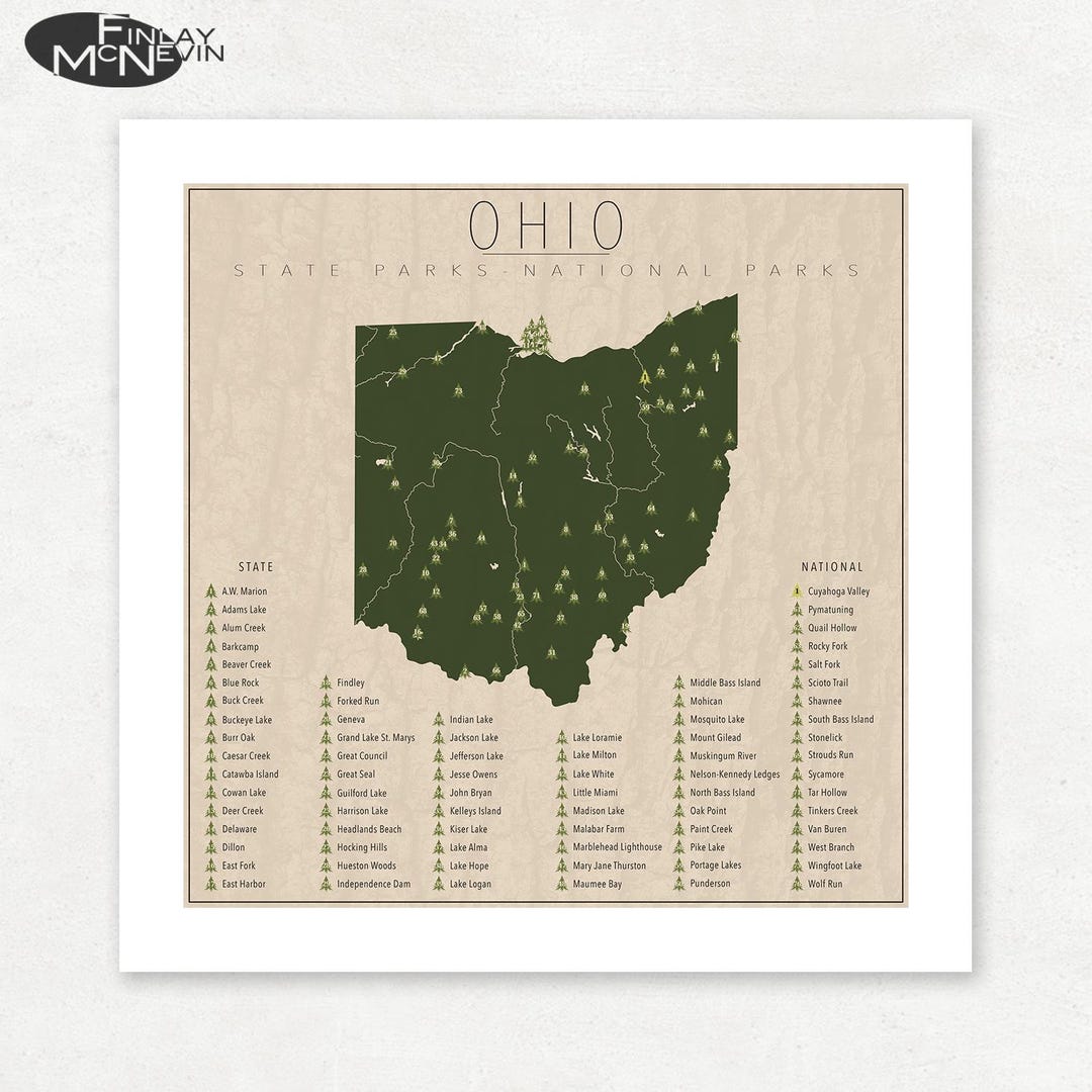 Ohio Parks Map, Giclée Print, Vintage Wall Art, Unframed, Nature Lover ...