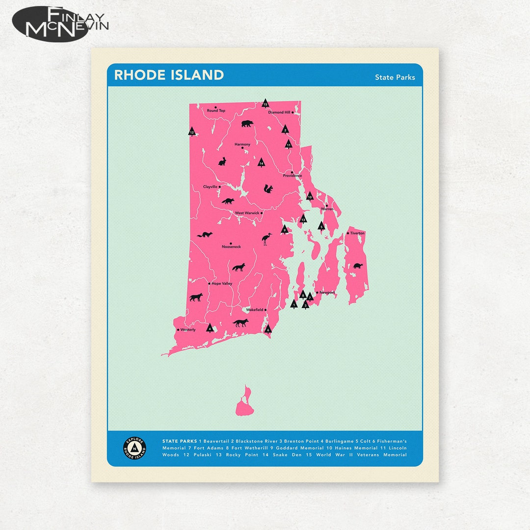 RHODE ISLAND PARKS Pink Version, State Park Map, Fine Art Photographic ...
