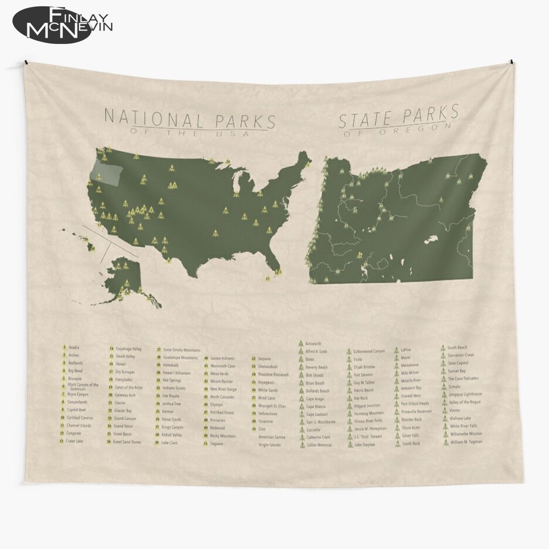 Oregon & US National Parks Map Tapestry - State Park Wall Art - Etsy