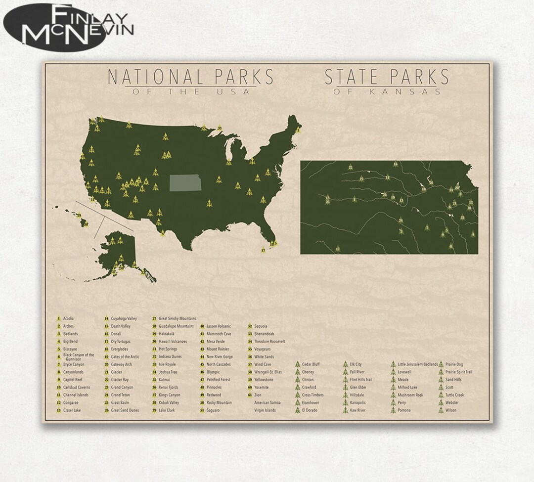 NATIONAL and STATE PARK Map of Kansas and the United States - Etsy