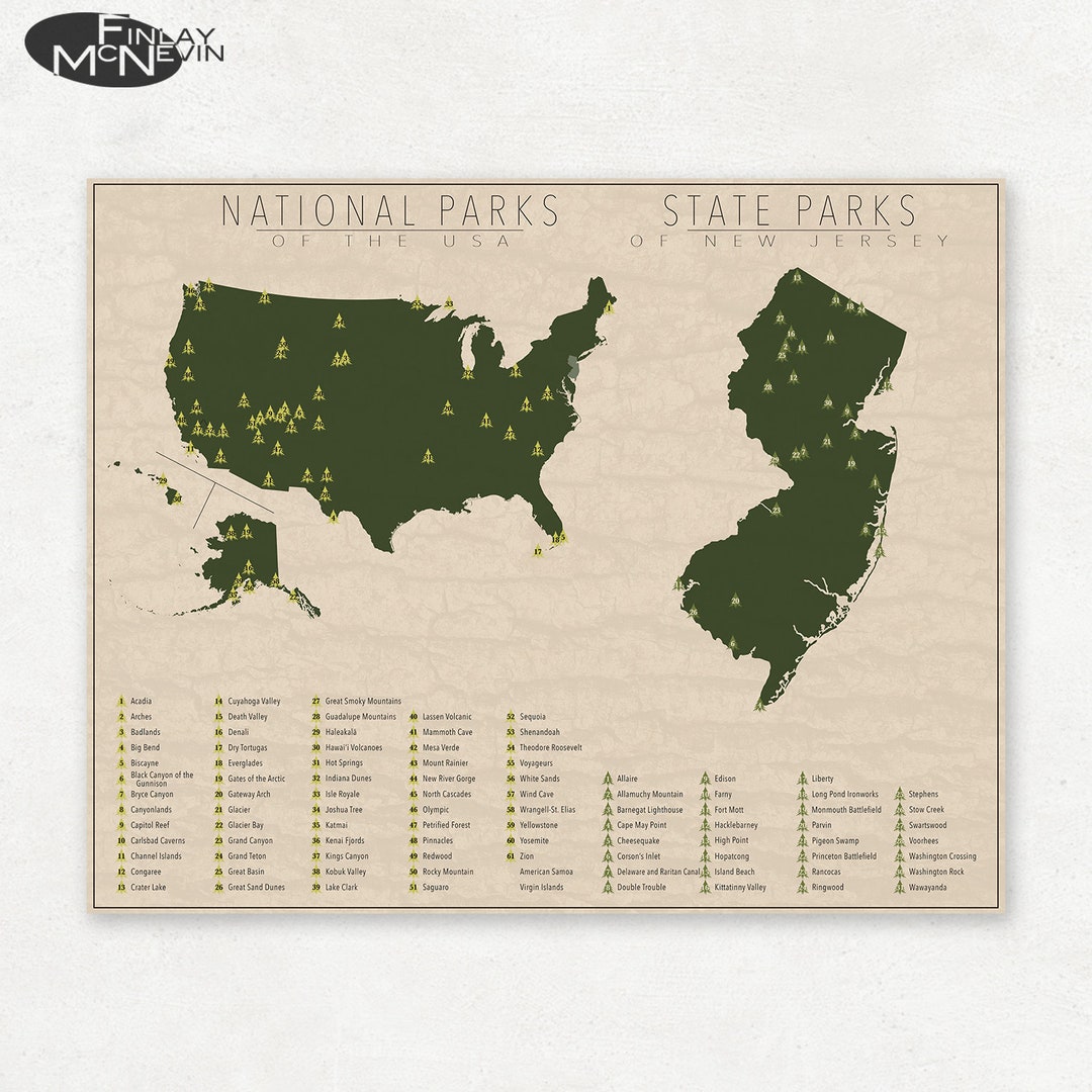 Buy NATIONAL and STATE PARK Map of New Jersey and the United States ...