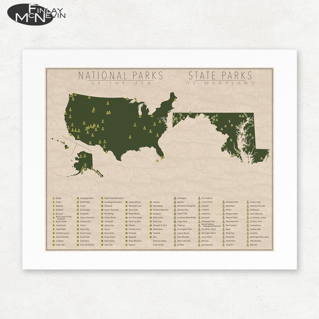 Maryland State Parks & U.S. National Parks Map, Giclée Print, Vintage ...