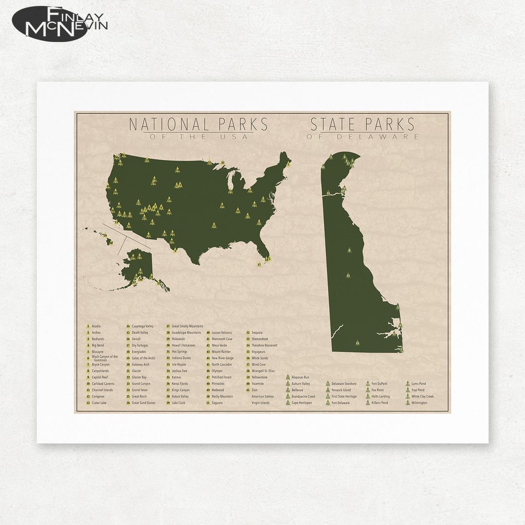Delaware State Parks & U.S. National Parks Map, Giclée Print, Vintage ...