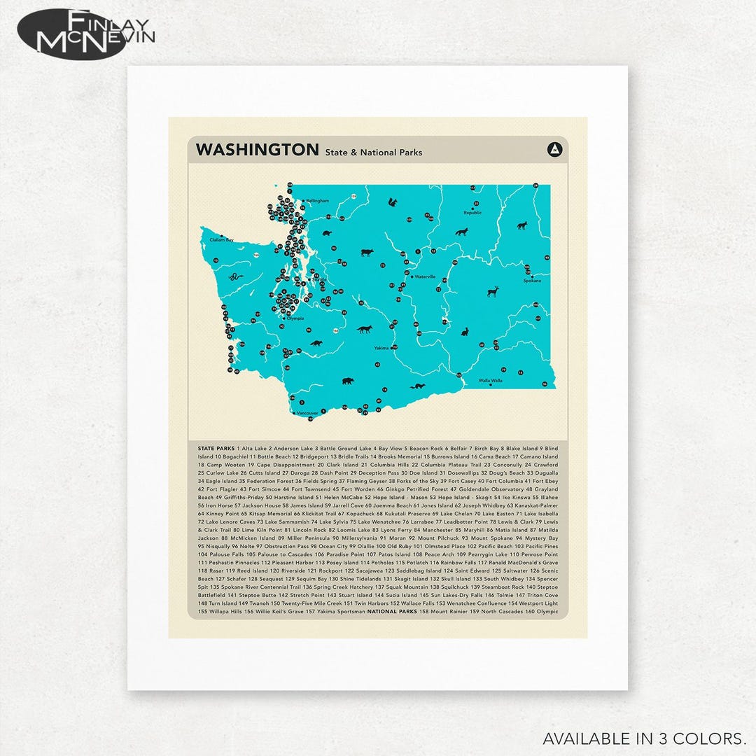 Washington Parks Map, Giclee Print, Unframed, Peak Art in 3 Colors - Etsy