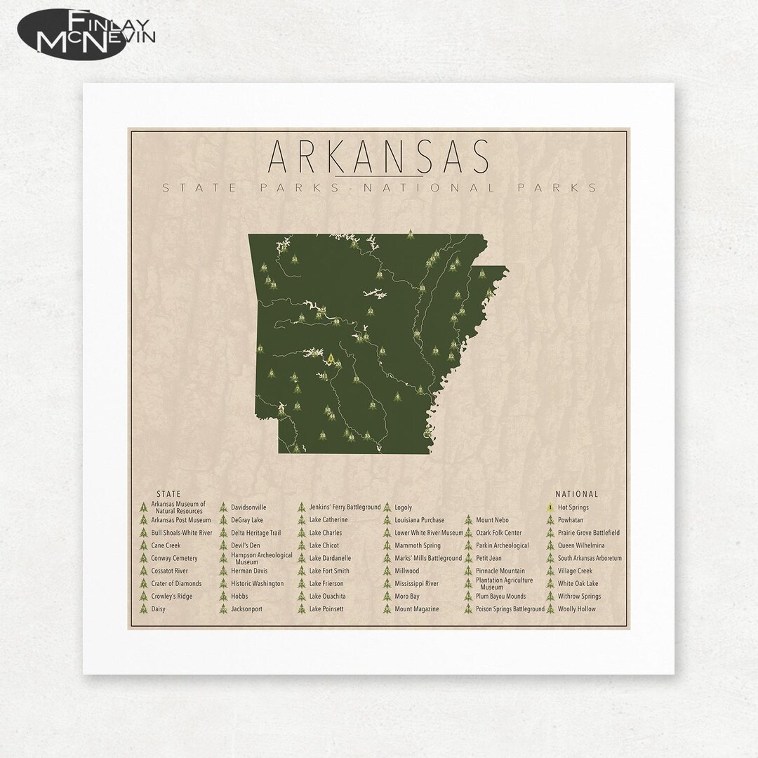 Arkansas Parks Map, Giclée Print, Vintage Wall Art, Unframed, Nature ...