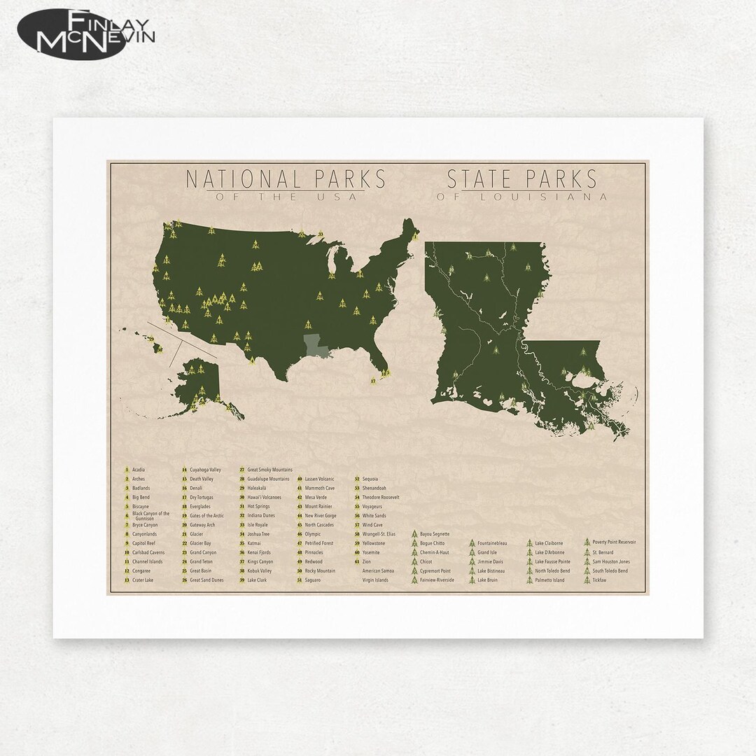 Louisiana State Parks & U.S. National Parks Map, Giclée Print, Vintage ...