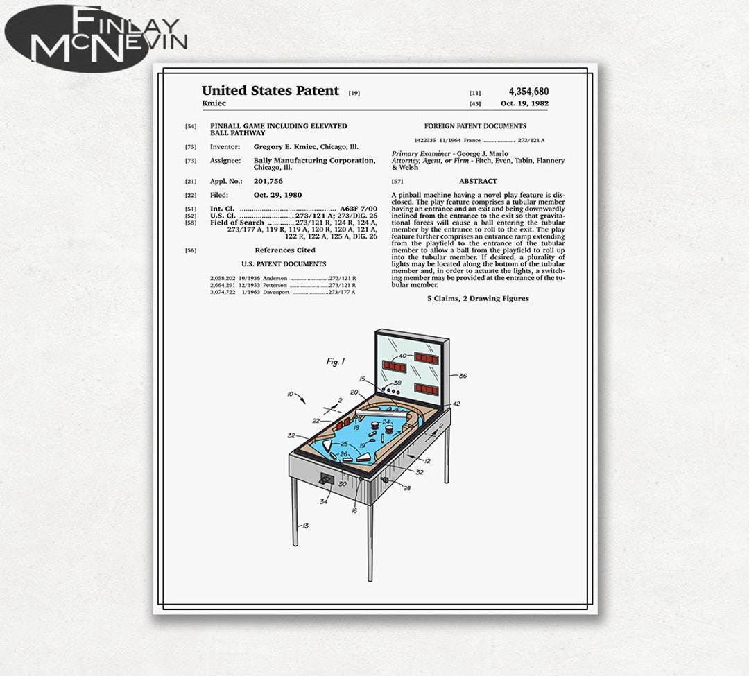 PINBALL MACHINE Patent, Fine Art Print Poster, Colour, Blueprint, or ...