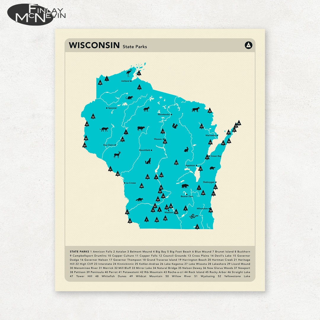WISCONSIN PARKS, State Park Map, Fine Art Photographic Print for the ...