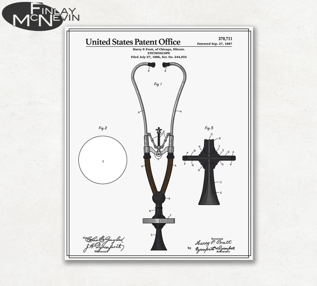 STETHOSCOPE PATENT, Vintage Fine Art Print Poster, Colour, Blueprint ...