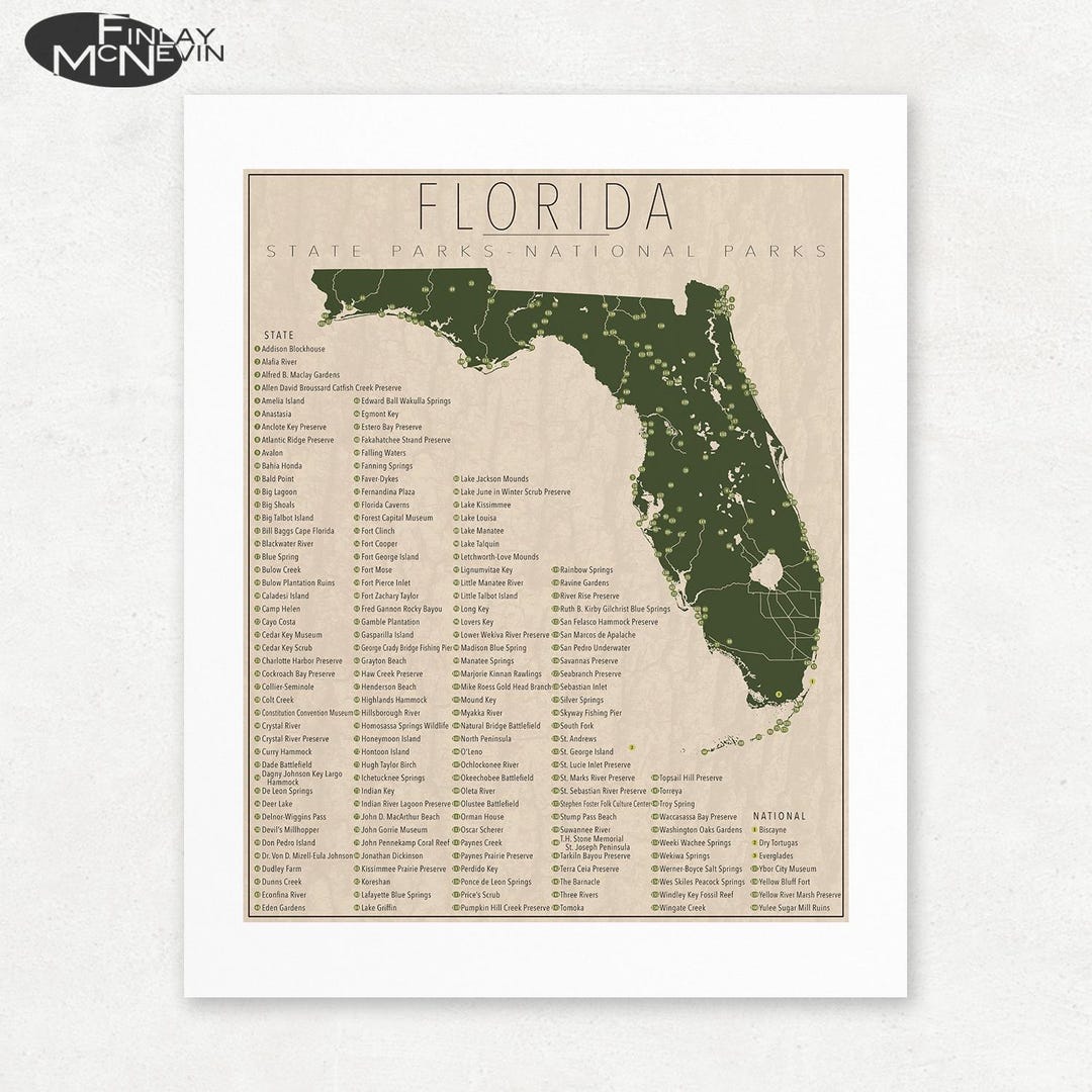 Florida Parks Map, Giclée Print, Vintage Wall Art, Unframed, Nature ...