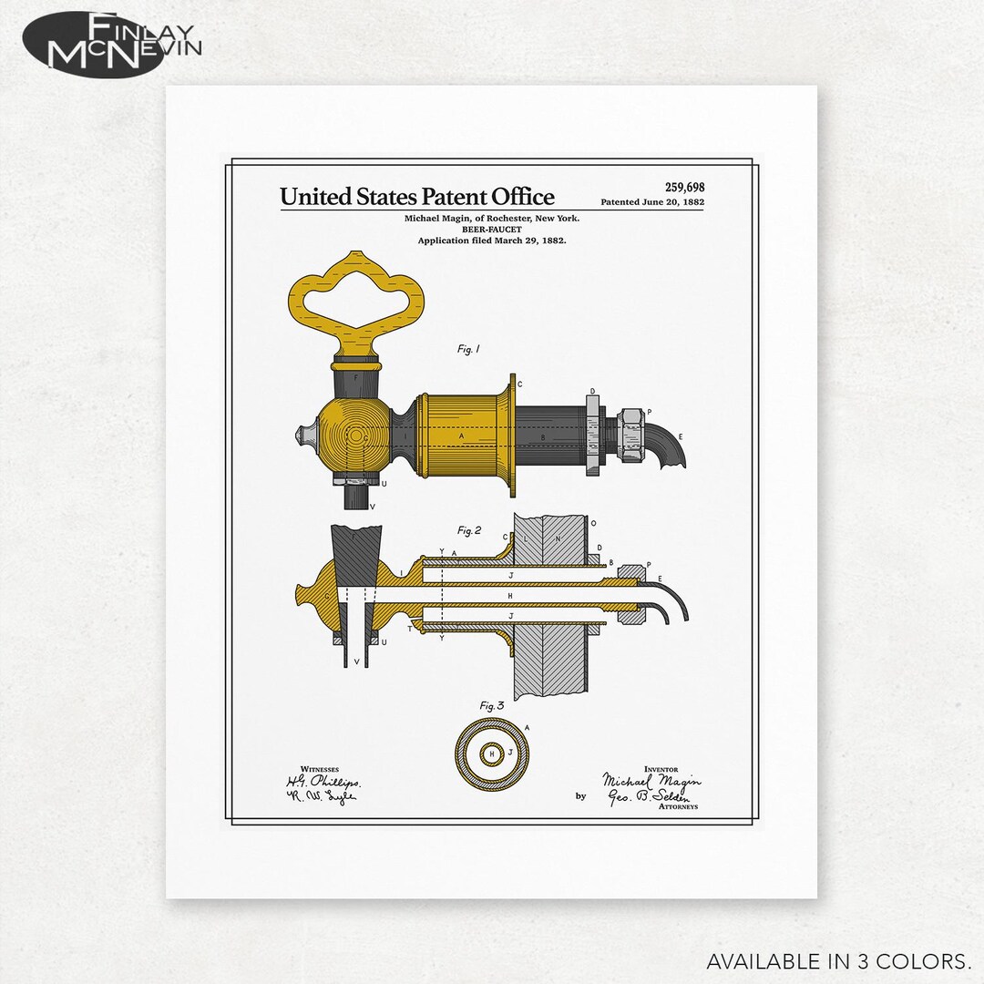 Vintage Beer Faucet Patent Print - Unframed Giclee Art in 3 Color ...