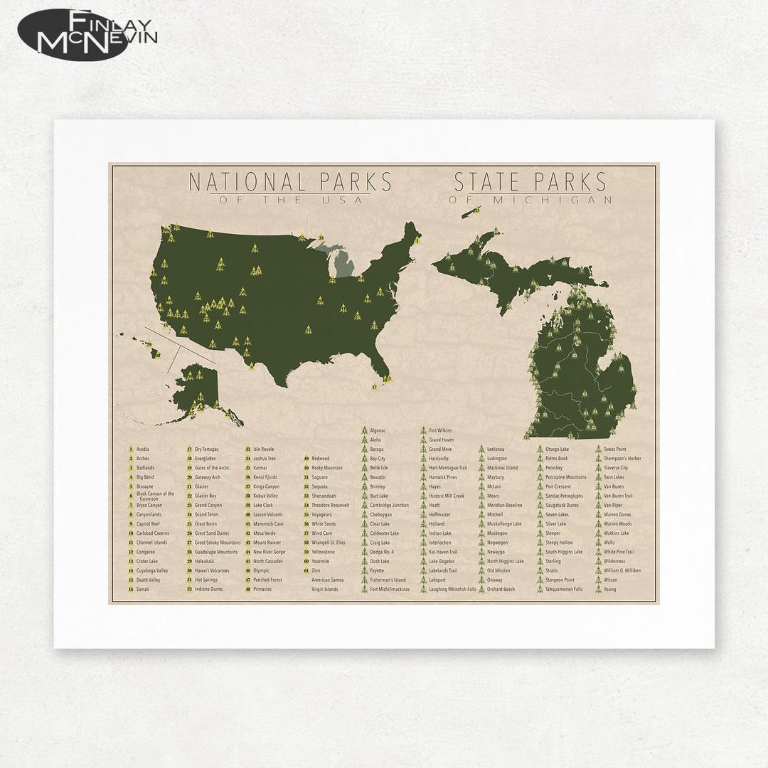 Michigan Parks & U.S. National Parks Map, Giclée Print, Vintage Wall ...