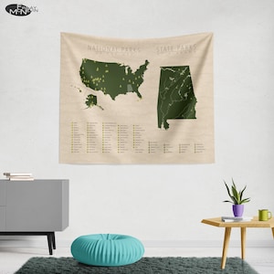 Alabama State & U.S. National Parks Map Tapestry - Wall Art Decor - Etsy