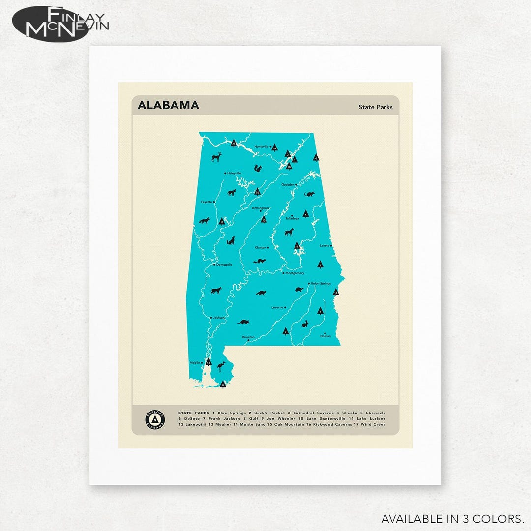 Alabama State Parks Map, Giclee Print, Unframed, Nature Art in 3 Colors ...
