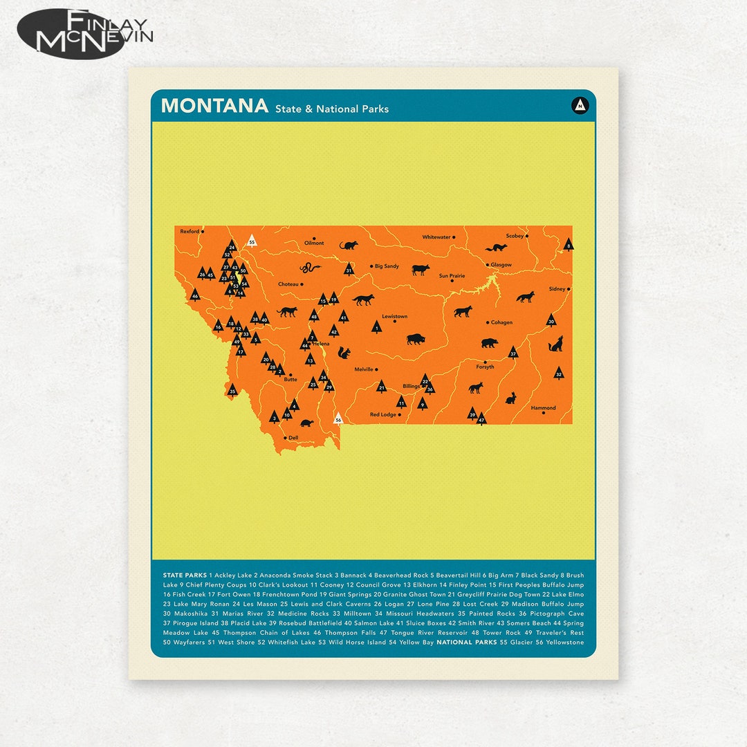 MONTANA PARKS - Orange Version, National and State Park Map, Fine Art ...