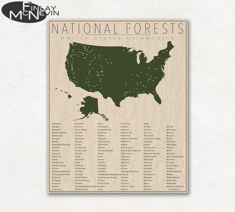 UNITED STATES FORESTS National Forests Map Fine Art - Etsy