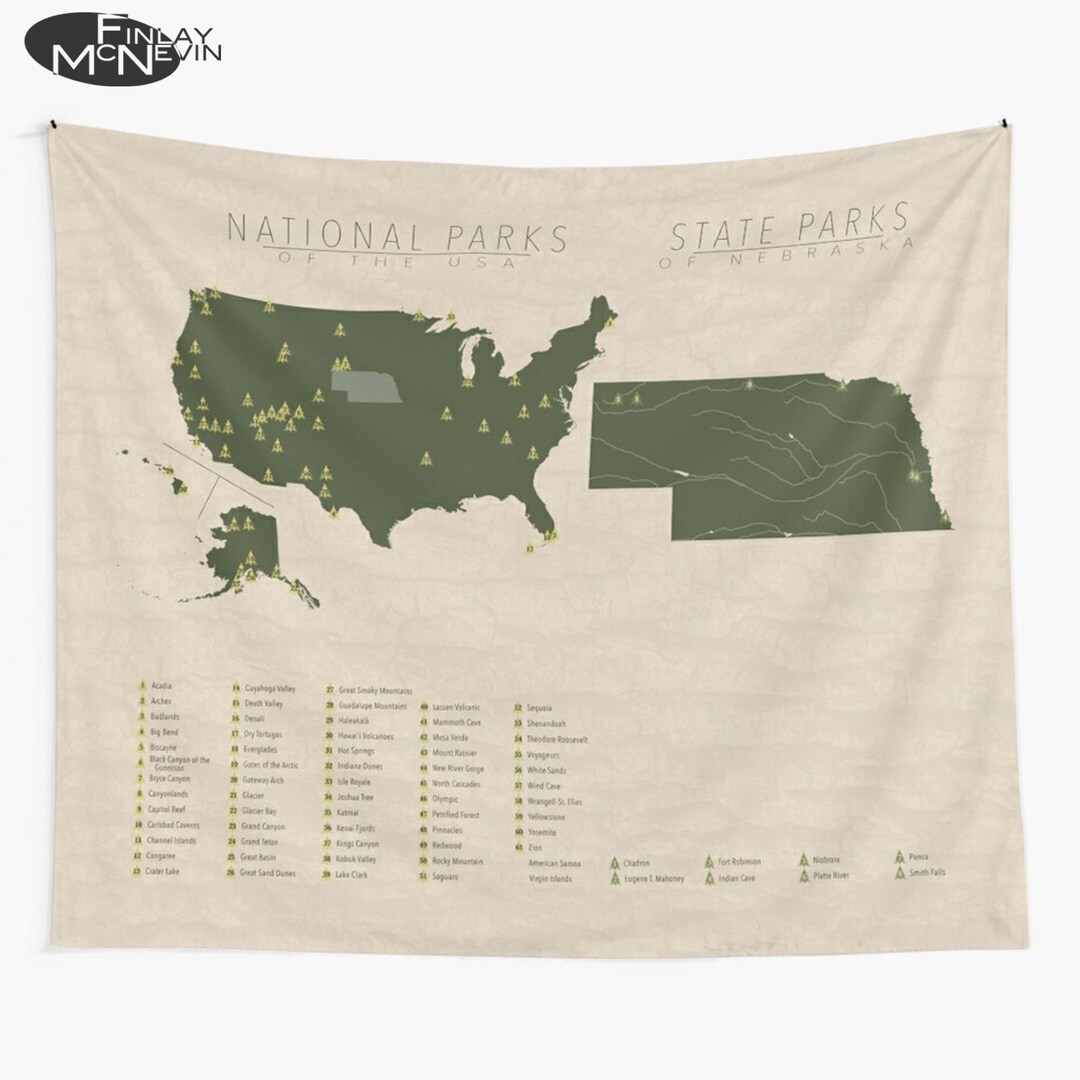 Nebraska State & US National Parks Map Tapestry - Wall Art Decor - Etsy