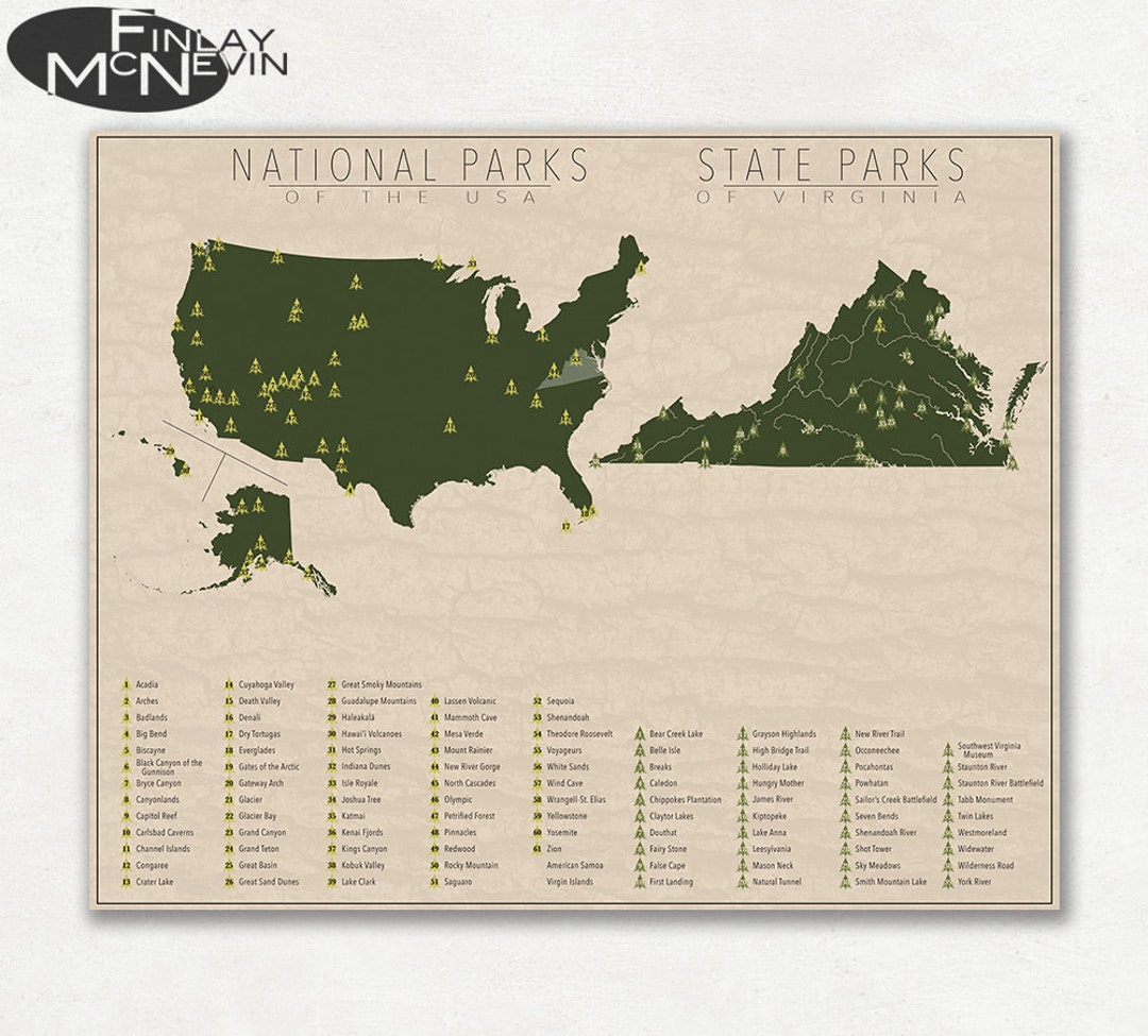NATIONAL and STATE PARK Map of Virginia and the United States, Fine Art ...