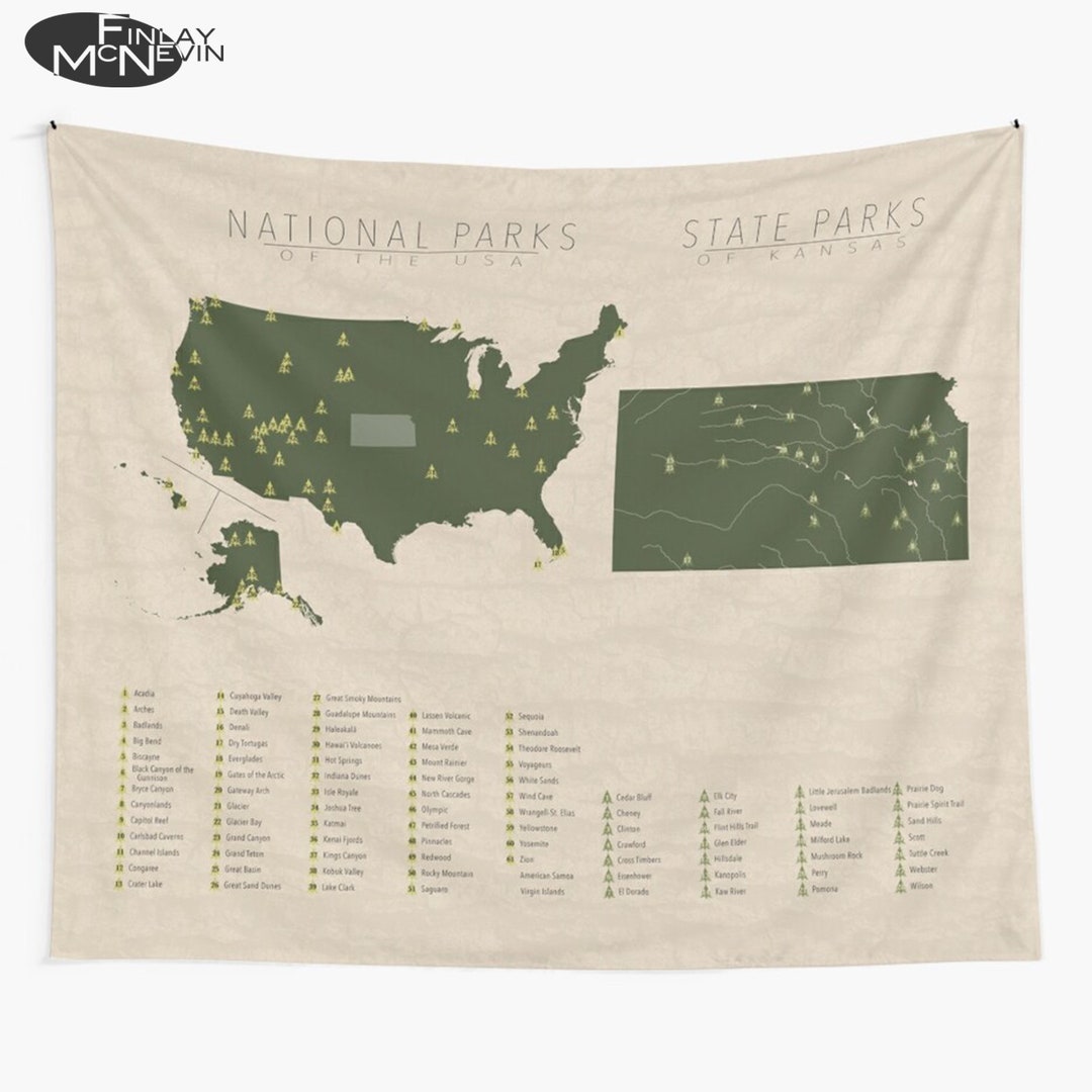 Kansas State & US National Parks Map Tapestry - Wall Art Decor - Etsy