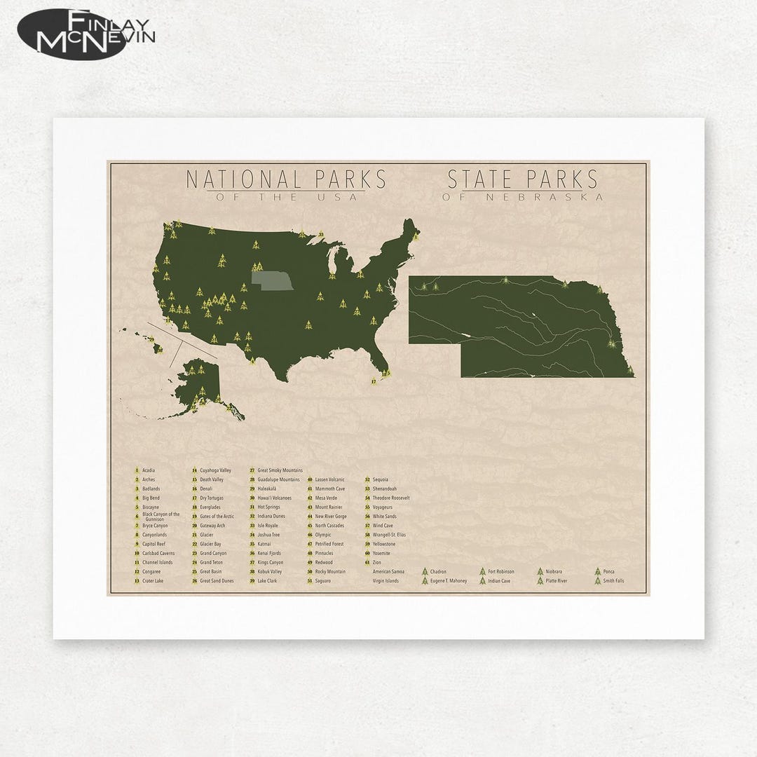 Nebraska State Parks & U.S. National Parks Map, Giclée Print, Vintage ...