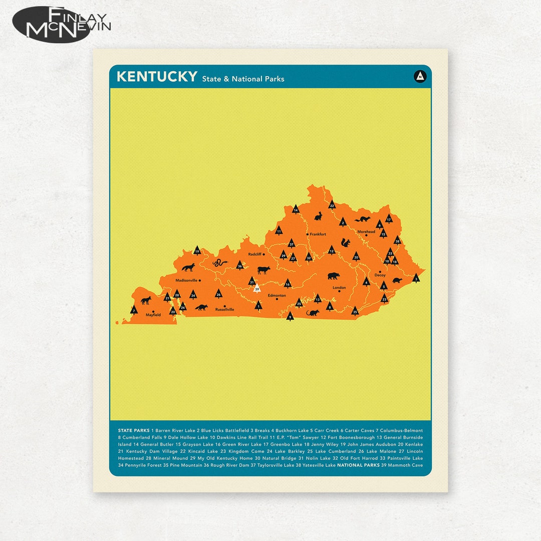 KENTUCKY PARKS Orange Version, National and State Park Map, Fine Art ...