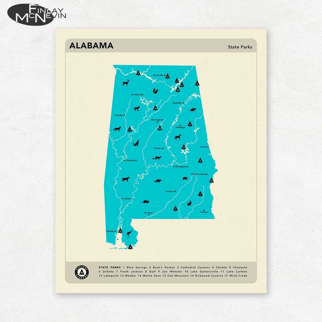 ALABAMA PARKS, State Park Map, Fine Art Photographic Print for the Home ...