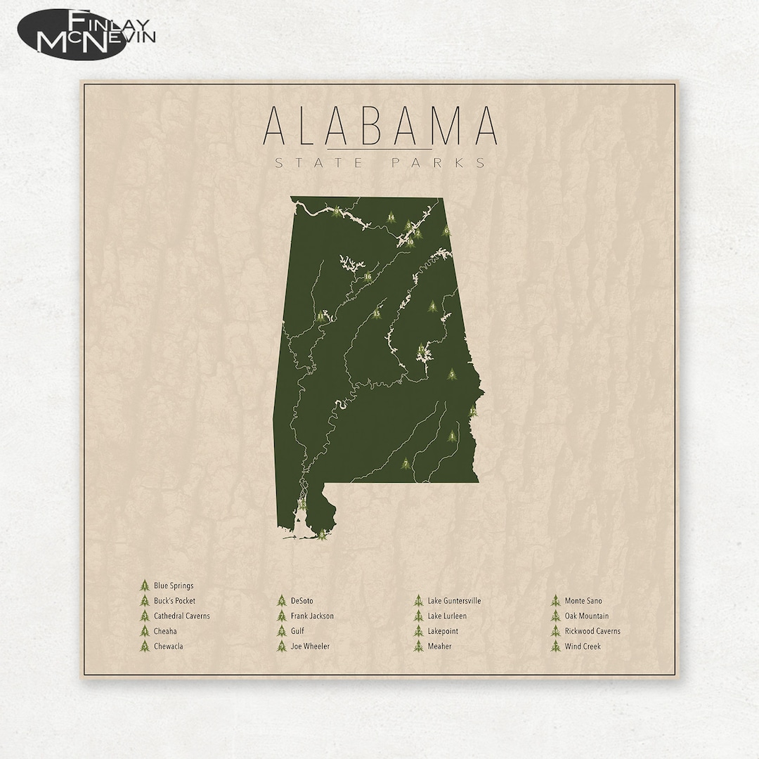 ALABAMA PARKS, State Park Map, Fine Art Photographic Print for the Home ...
