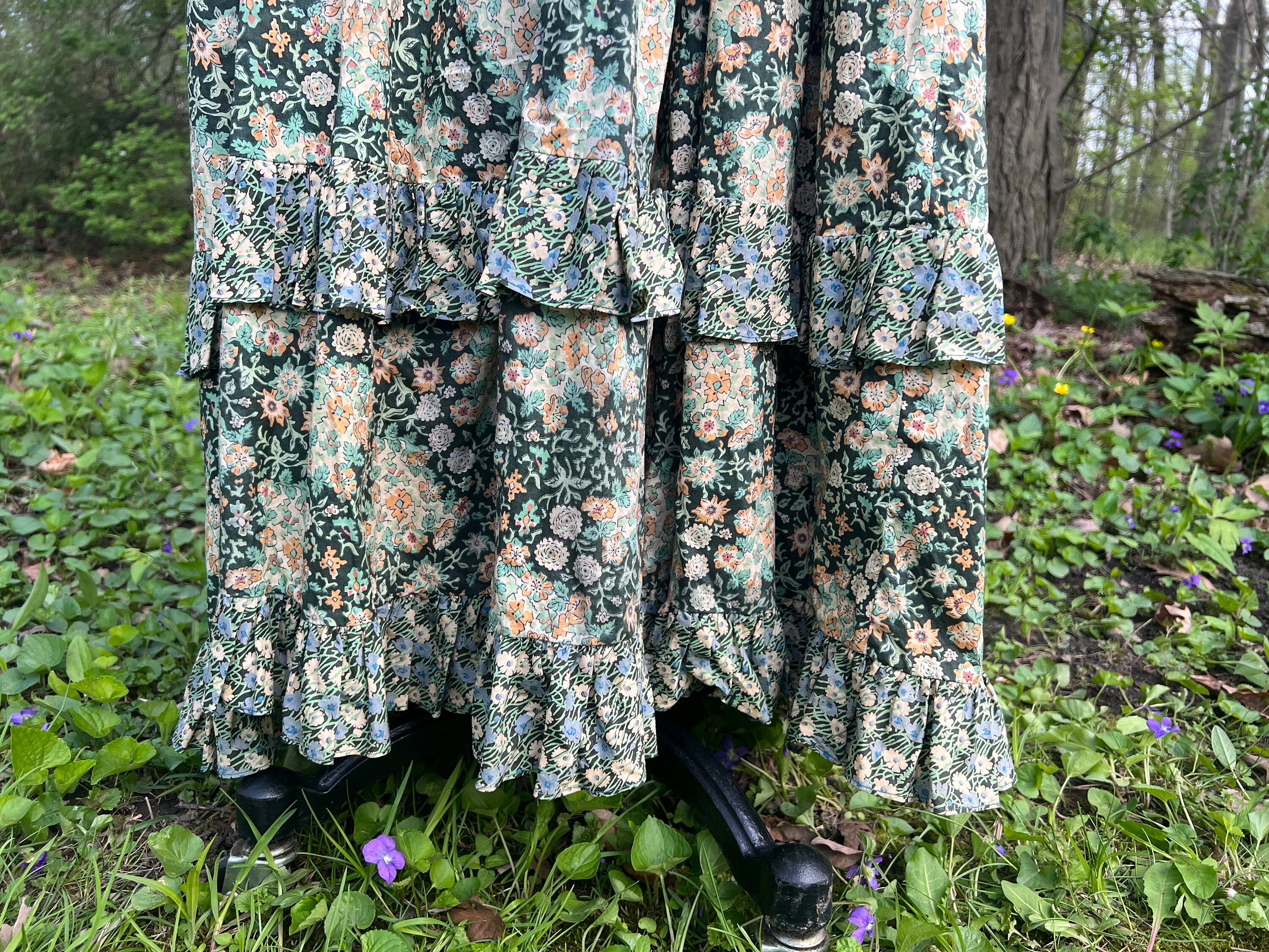 1972 Gina Fratini Green Floral Gown, Vintage Ruffle Flowy Maxi Dress ...