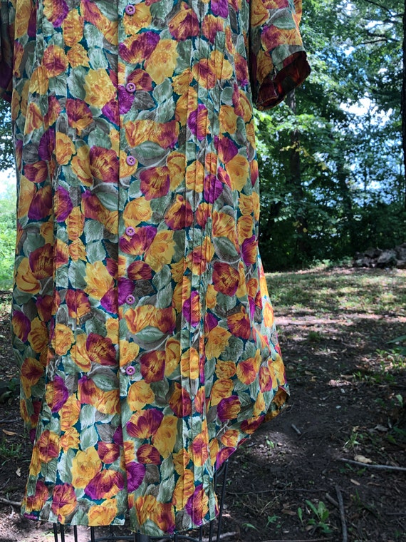 1990s shiny floral mini house dress with puff sleeves… - Gem