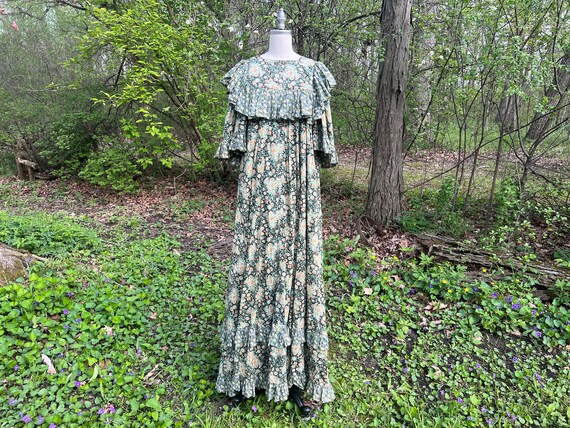 1972 Gina Fratini green floral gown, vintage ruffle f… - Gem