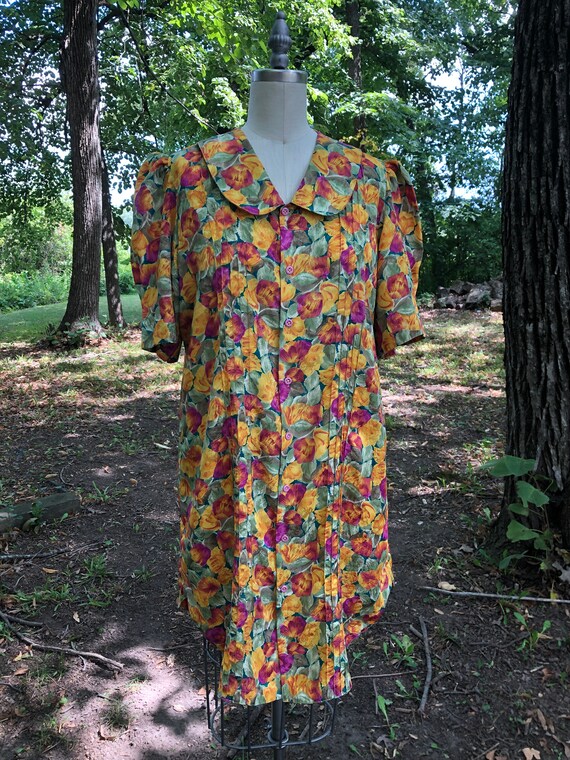 1990s shiny floral mini house dress with puff sleeves… - Gem