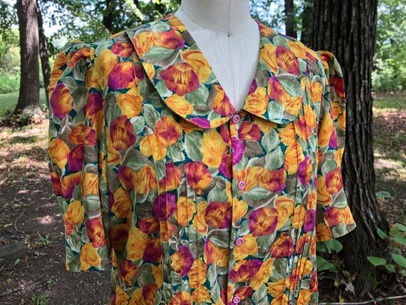 1990s shiny floral mini house dress with puff sleeves… - Gem