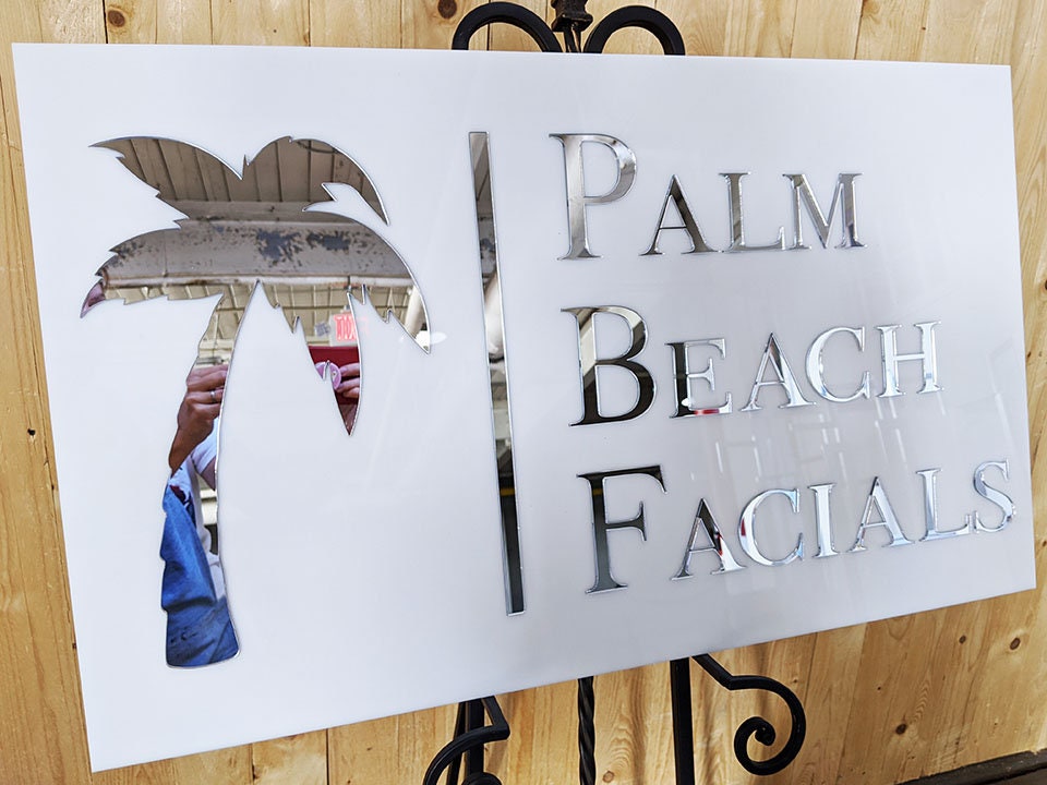 Silver Mirror Business Logo Sign on White, Laser Cut Acrylic - Etsy