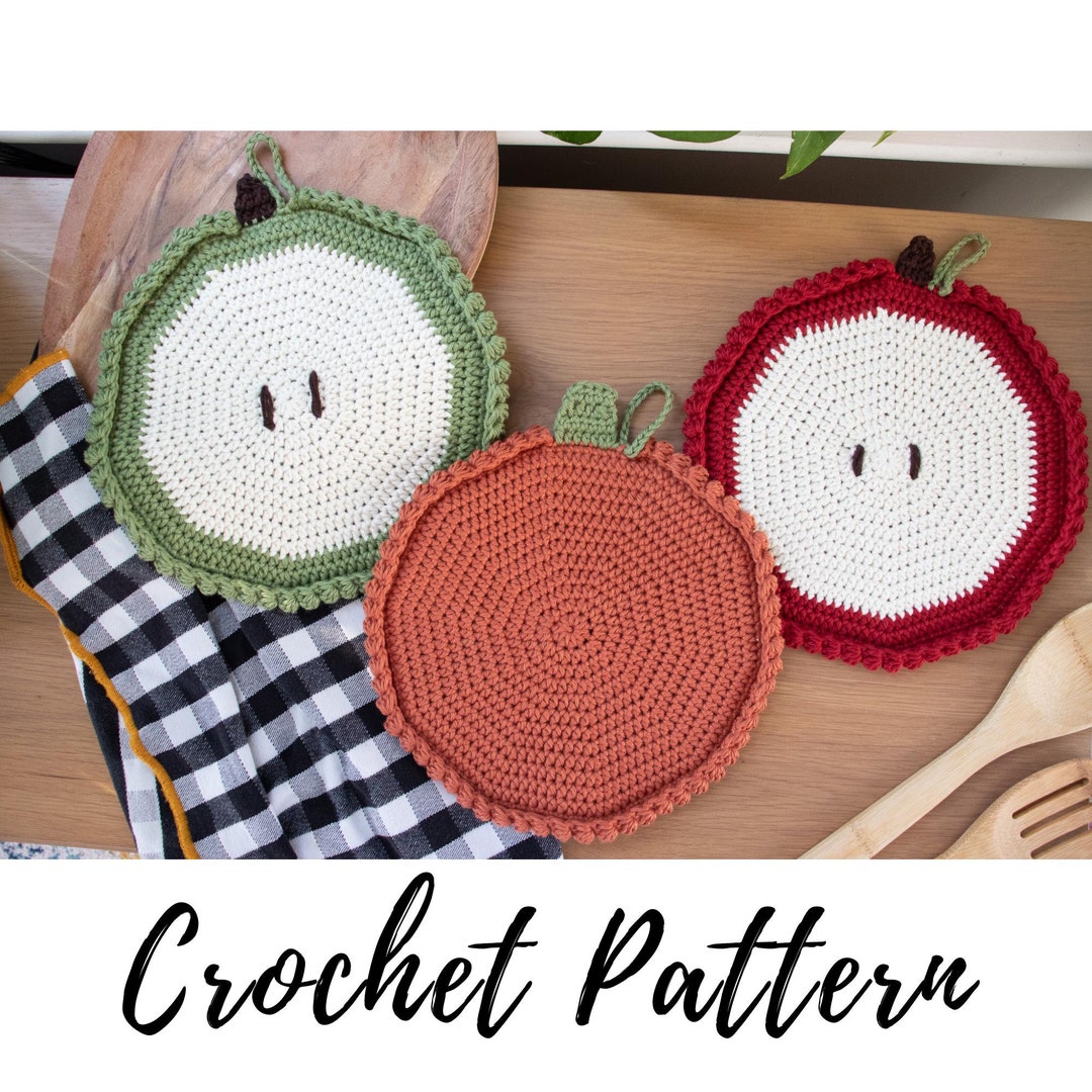 Crochet Pumpkin and Apple Potholder Pattern, Crochet Double Sided Hot ...