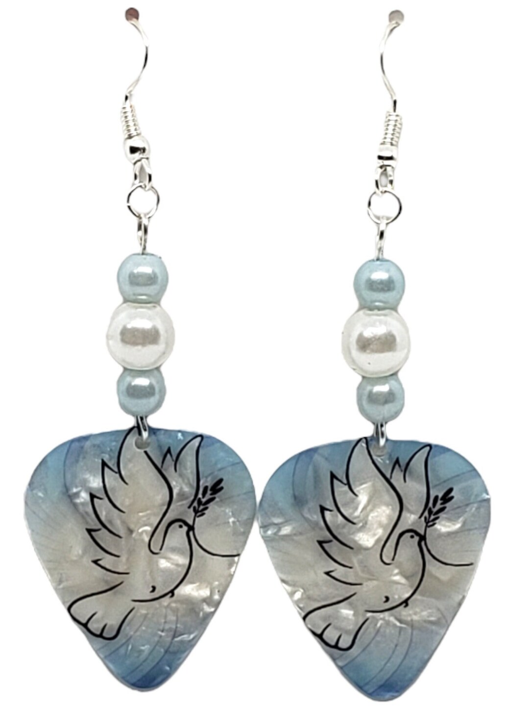 NEW! White DOVE on Blue & White Religious Guitar Pick Beaded Earrings ...