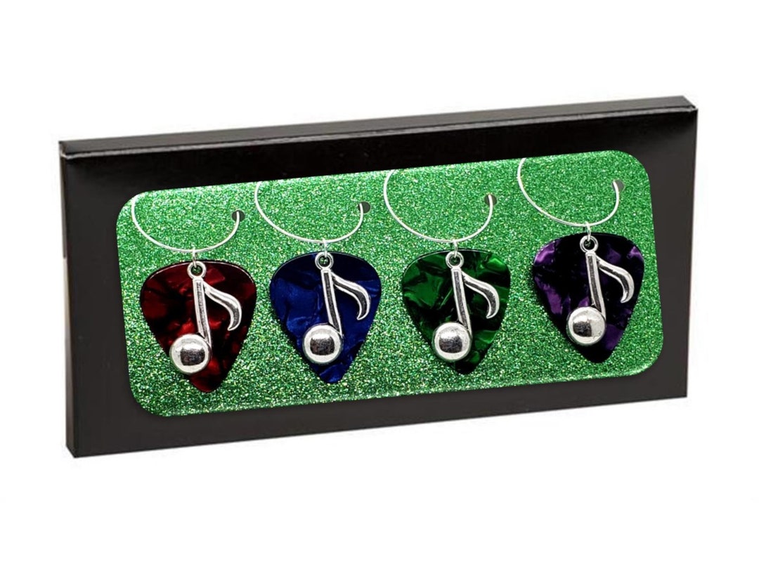 Music Note Charm on Guitar Pick Wine Glass Charms Wine Markers, Set of ...