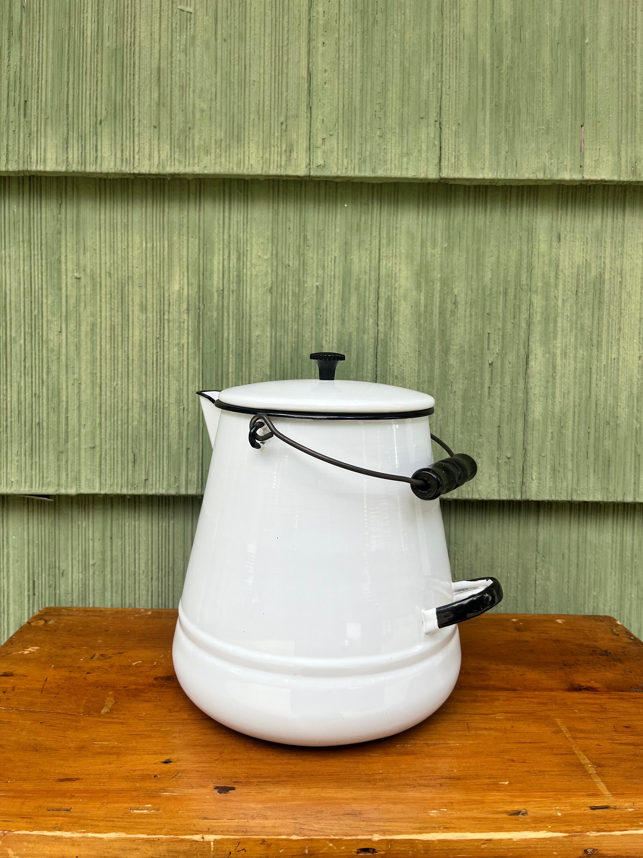 Vintage White Enamelware Kettle, Black Trim, Cowboy Coffee Pot - Etsy