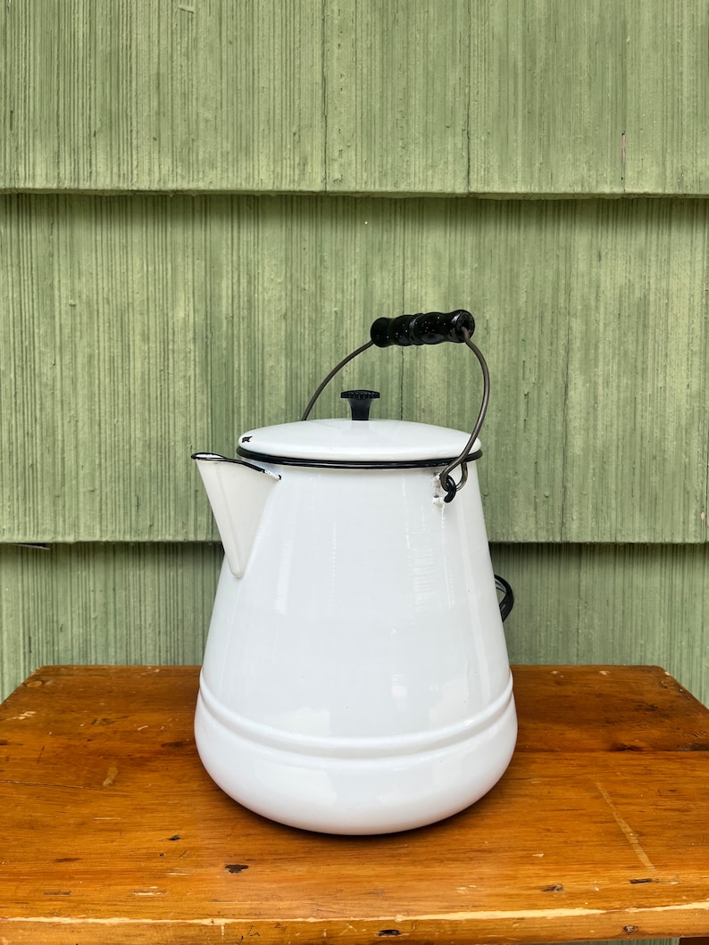 Vintage White Enamelware Kettle, Black Trim, Cowboy Coffee Pot - Etsy