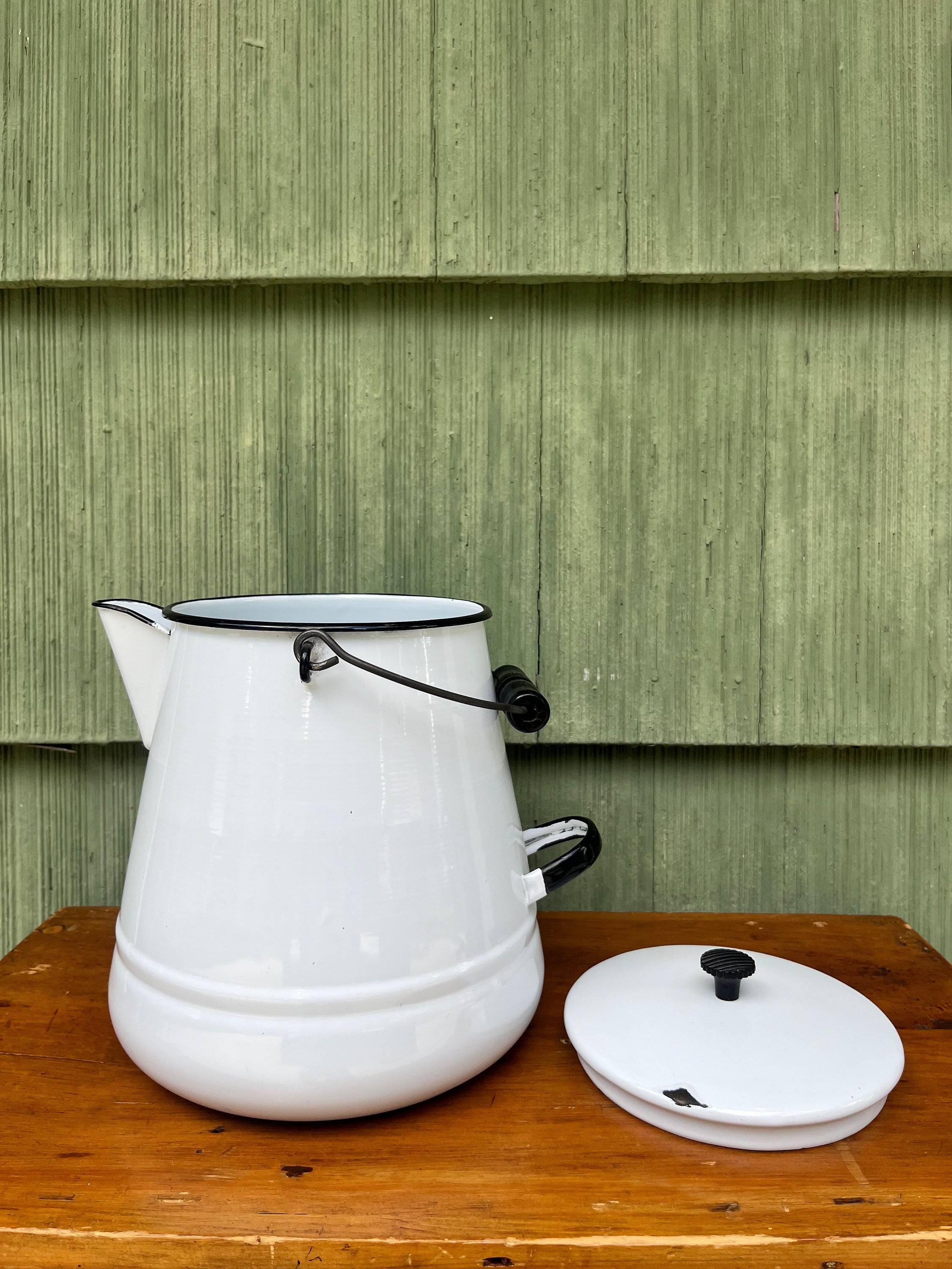 Vintage White Enamelware Kettle, Black Trim, Cowboy Coffee Pot - Etsy