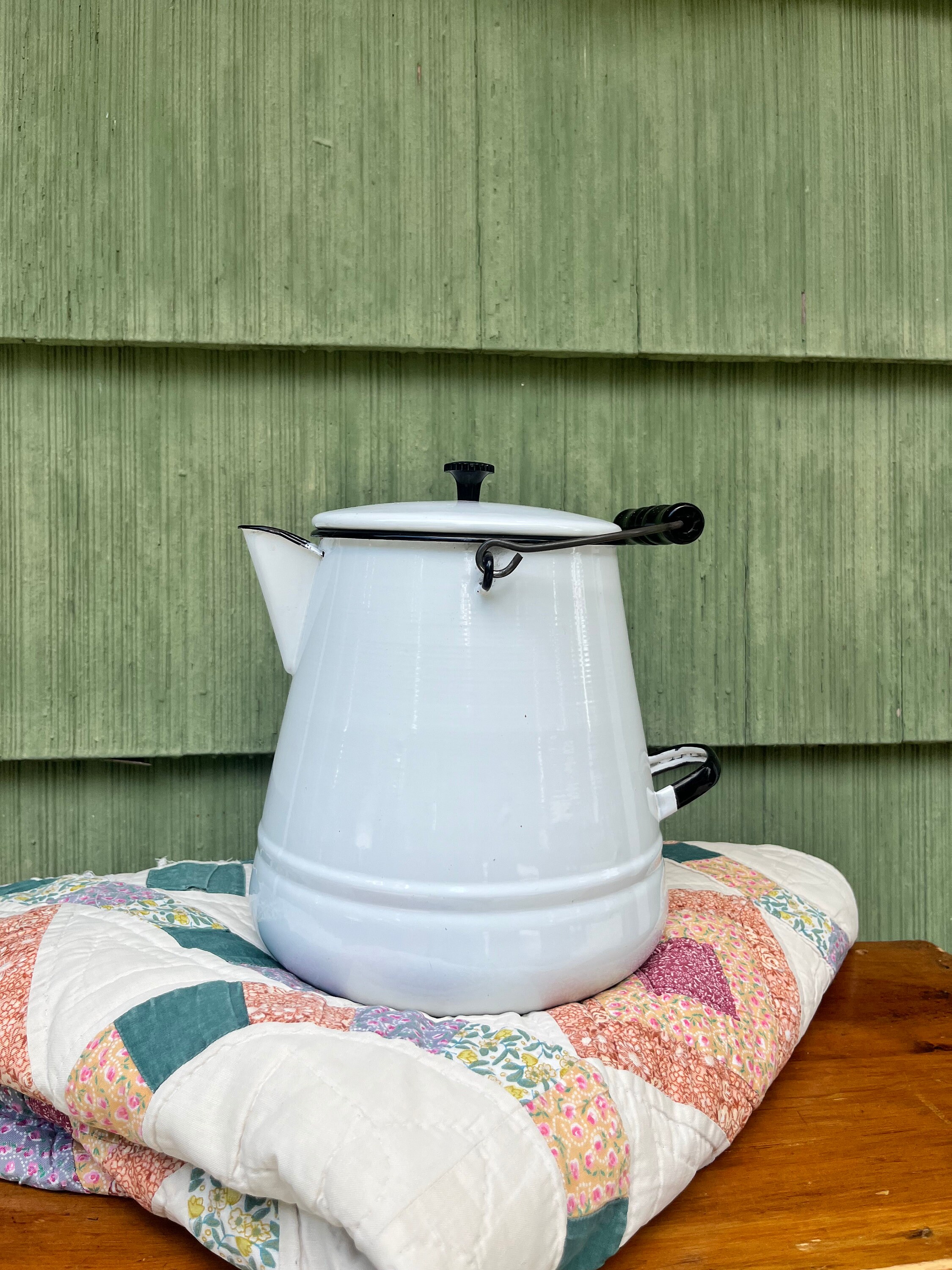 Vintage Enamelware Kettle / White With Black Enamelware / Cowboy Coffee ...