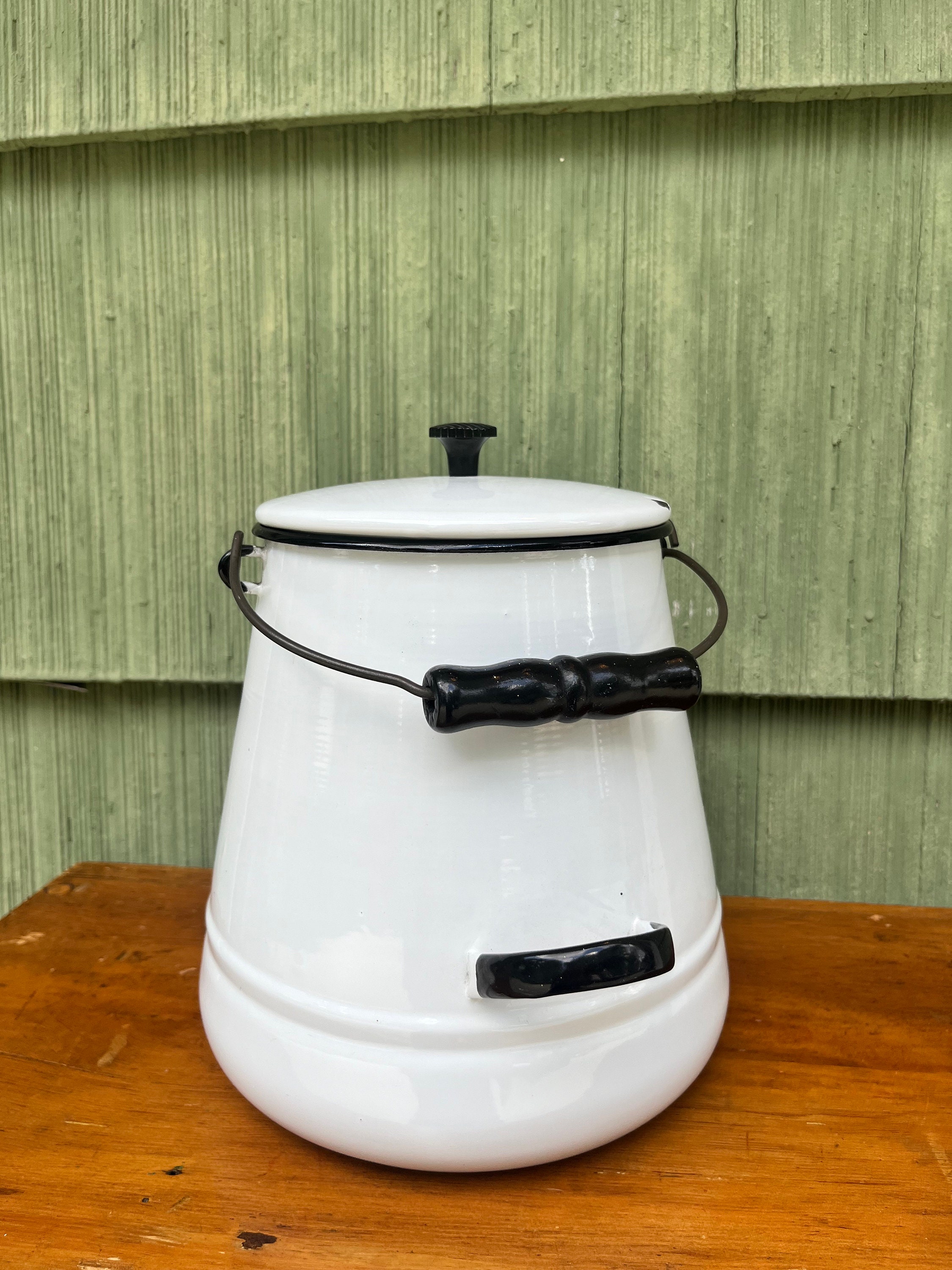 Vintage Enamelware Kettle / White With Black Enamelware / Cowboy Coffee ...