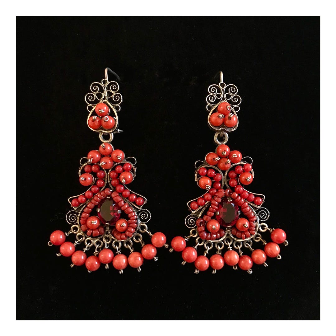 STRIKING Antique Mexican Coral, Glass & Sterling Filigree Earrings - Etsy