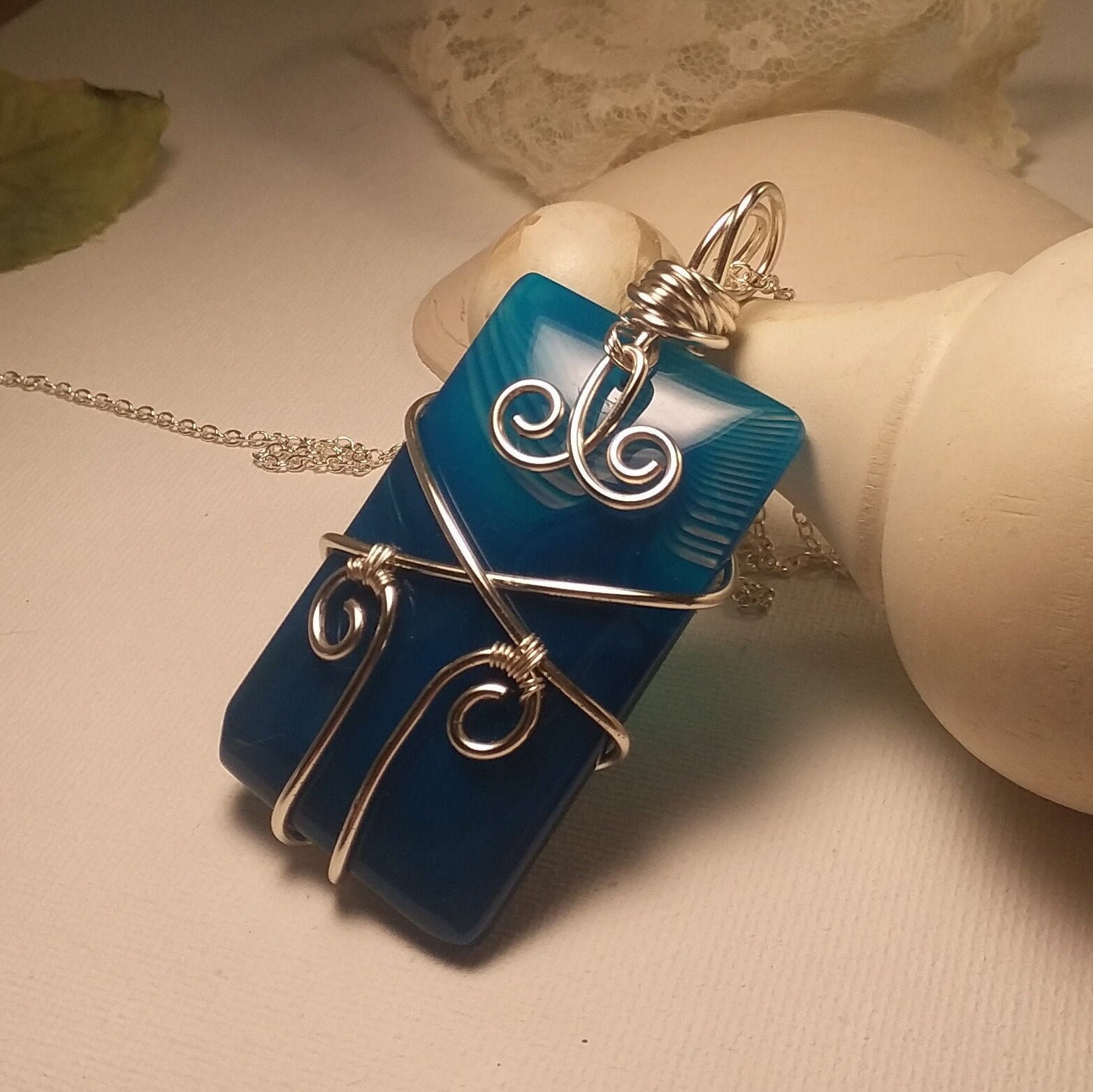 Blue Rectangle Silver Wire Wrapped Agate Stone Pendant - Etsy