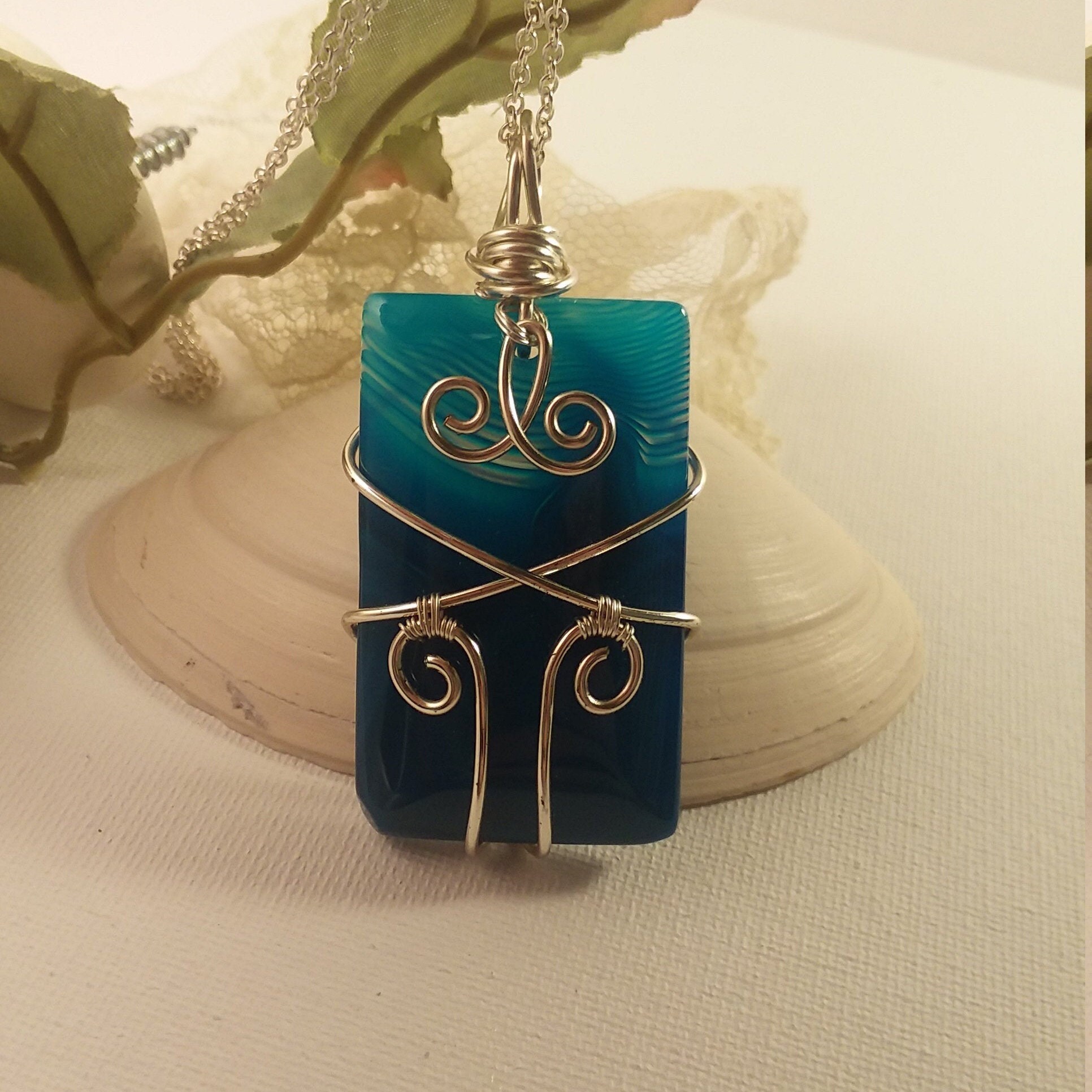 Blue Rectangle Silver Wire Wrapped Agate Stone Pendant - Etsy