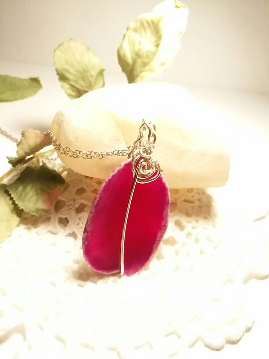 Fuschia Pink Agate Silver Wire Wrapped Geode Stone Pendant - Etsy