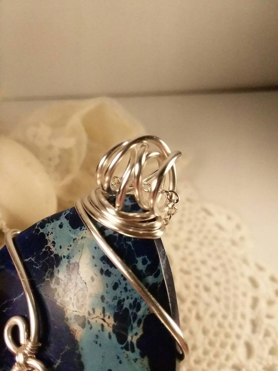 Blue Sea Sediment Jasper Silver Wire Wrapped Teardrop Stone | Etsy