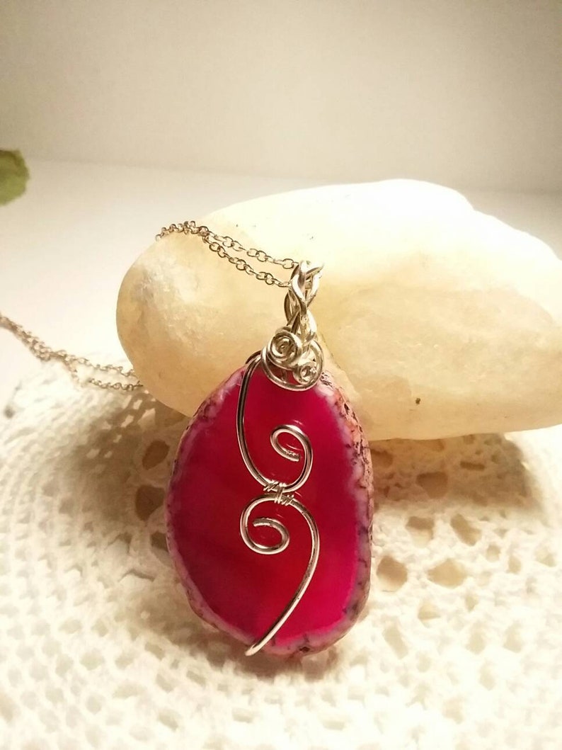Fuschia Pink Agate Silver Wire Wrapped Geode Stone Pendant - Etsy